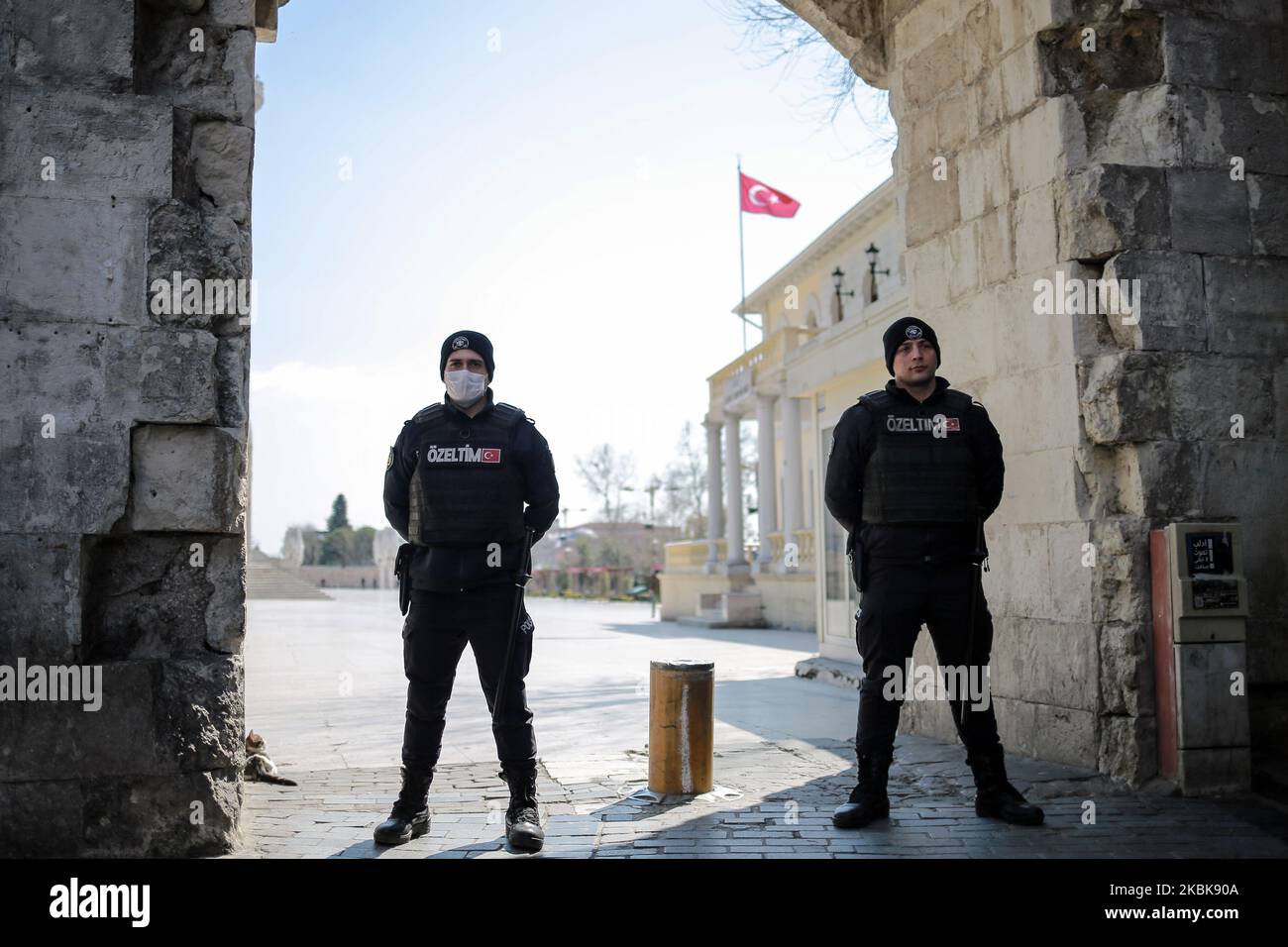 Turkish anti riot police officers guard the entrance to Fatih Mosque at ...