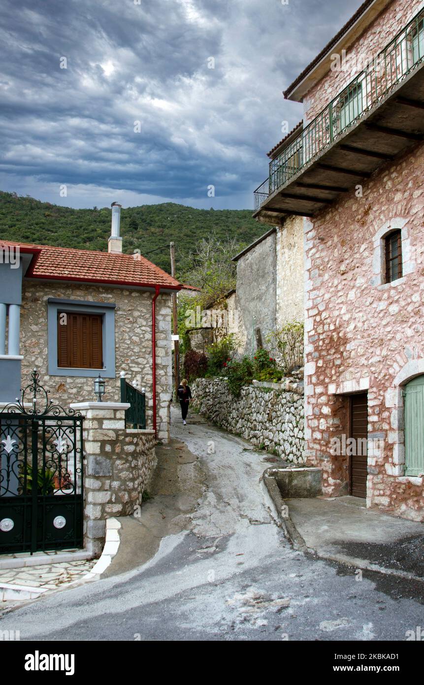 Traditional stone architecture on mountain villages, Peloponnese. view ...