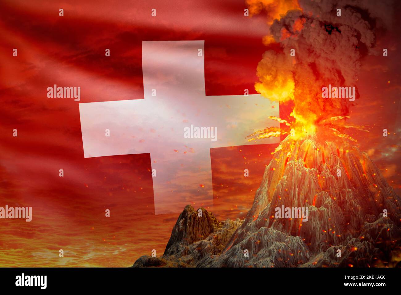 conical volcano eruption at night with explosion on Switzerland flag ...