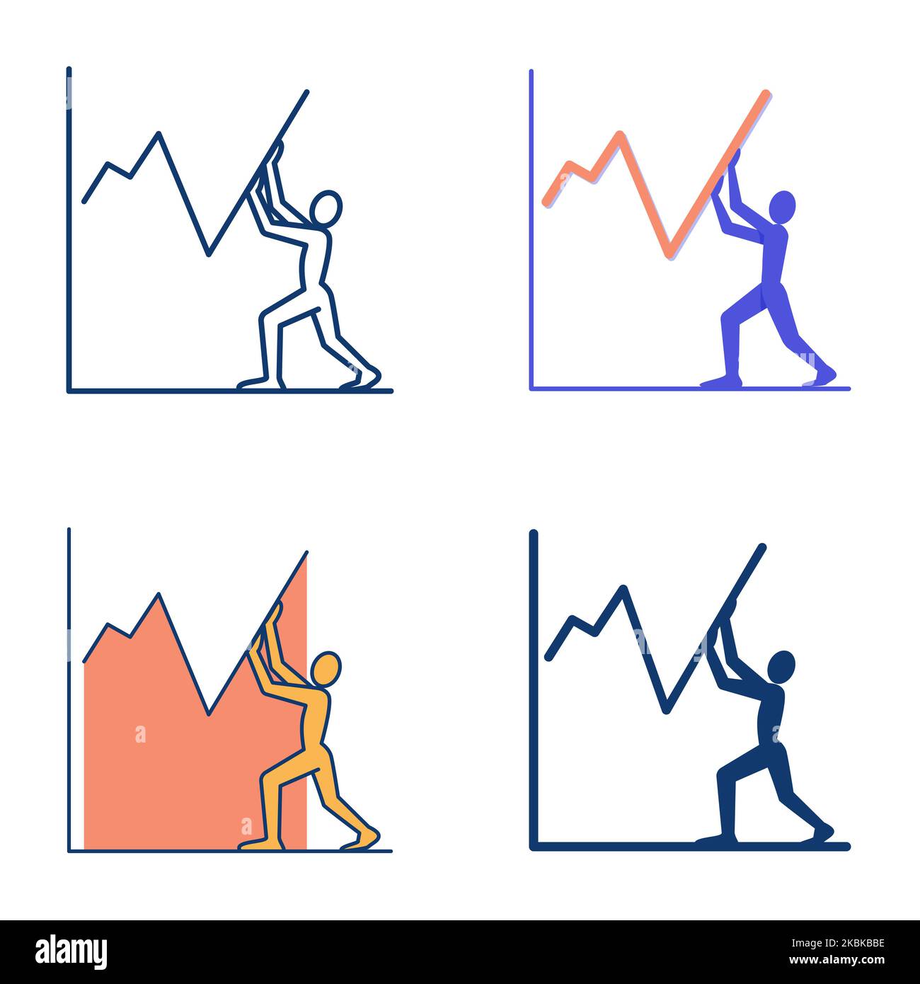 Economic recovery icon set in flat and line style. Man forcing upward ...