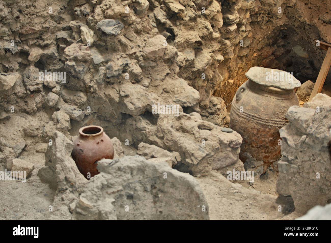 Ancient vases seen at the archaeological excavation of the prehistoric ...
