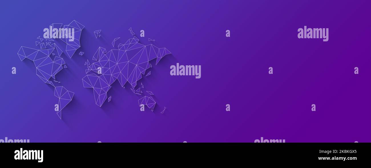 World map shape made of polygons. 3D illustration isolated on a purple ...