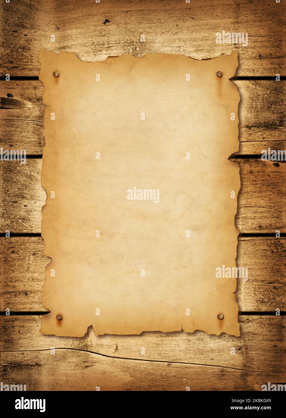 Old mediaeval paper sheet. Parchment scroll isolated on a wood board ...