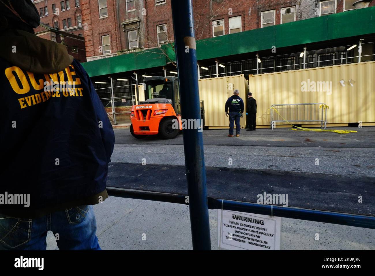 A view of a makeshift morgue being built behind Bellevue Hospital amid ...