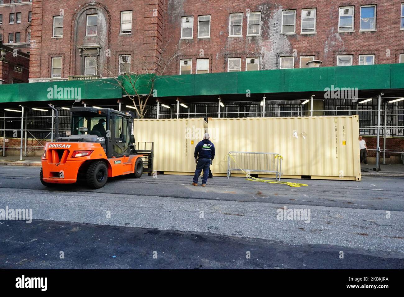 A view of a makeshift morgue being built behind Bellevue Hospital amid ...