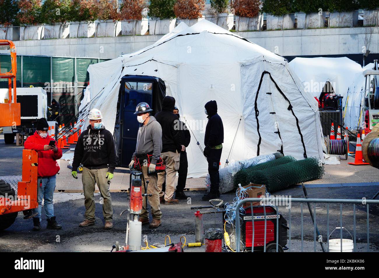 A view of a makeshift morgue being built behind Bellevue Hospital amid ...
