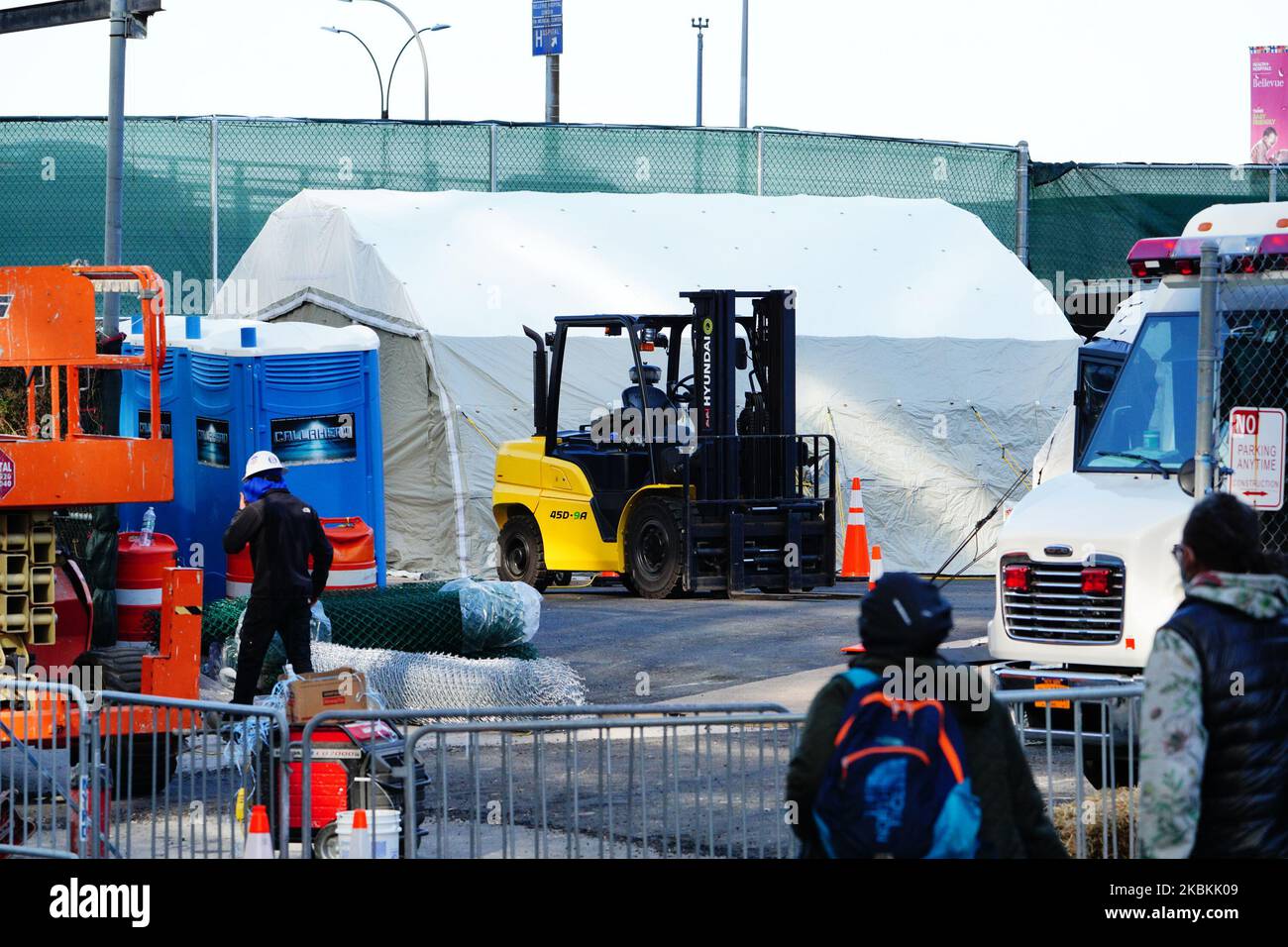 A view of a makeshift morgue being built behind Bellevue Hospital amid ...