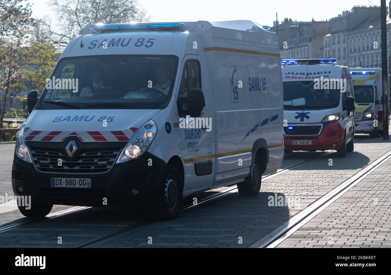 Samu ambulances arriving at Nantes station, France, on March 26, 2020 ...