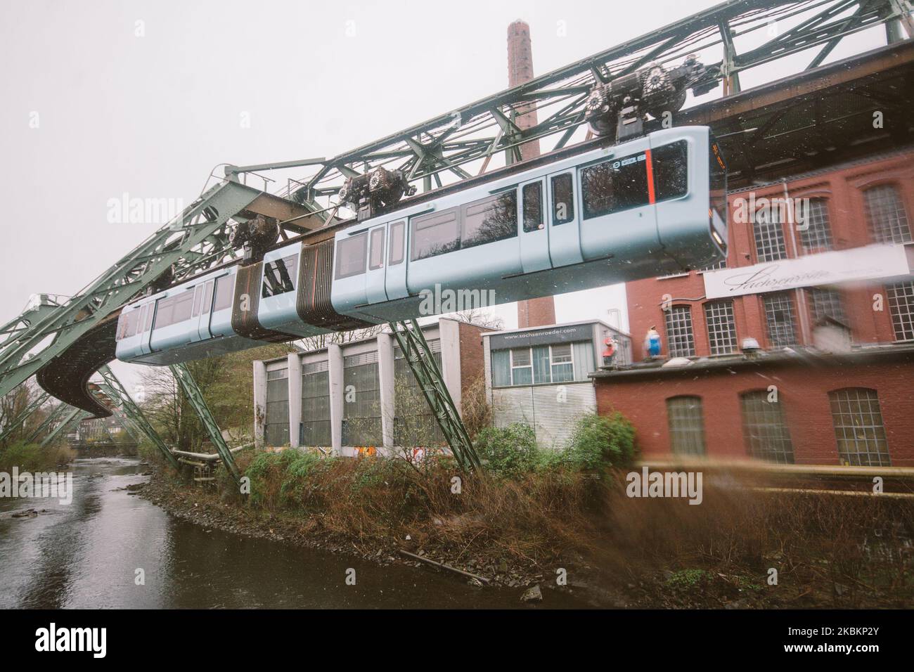 Few people on the Schwebebahn floating tram in Wuppertal-Barmen, Germay ...