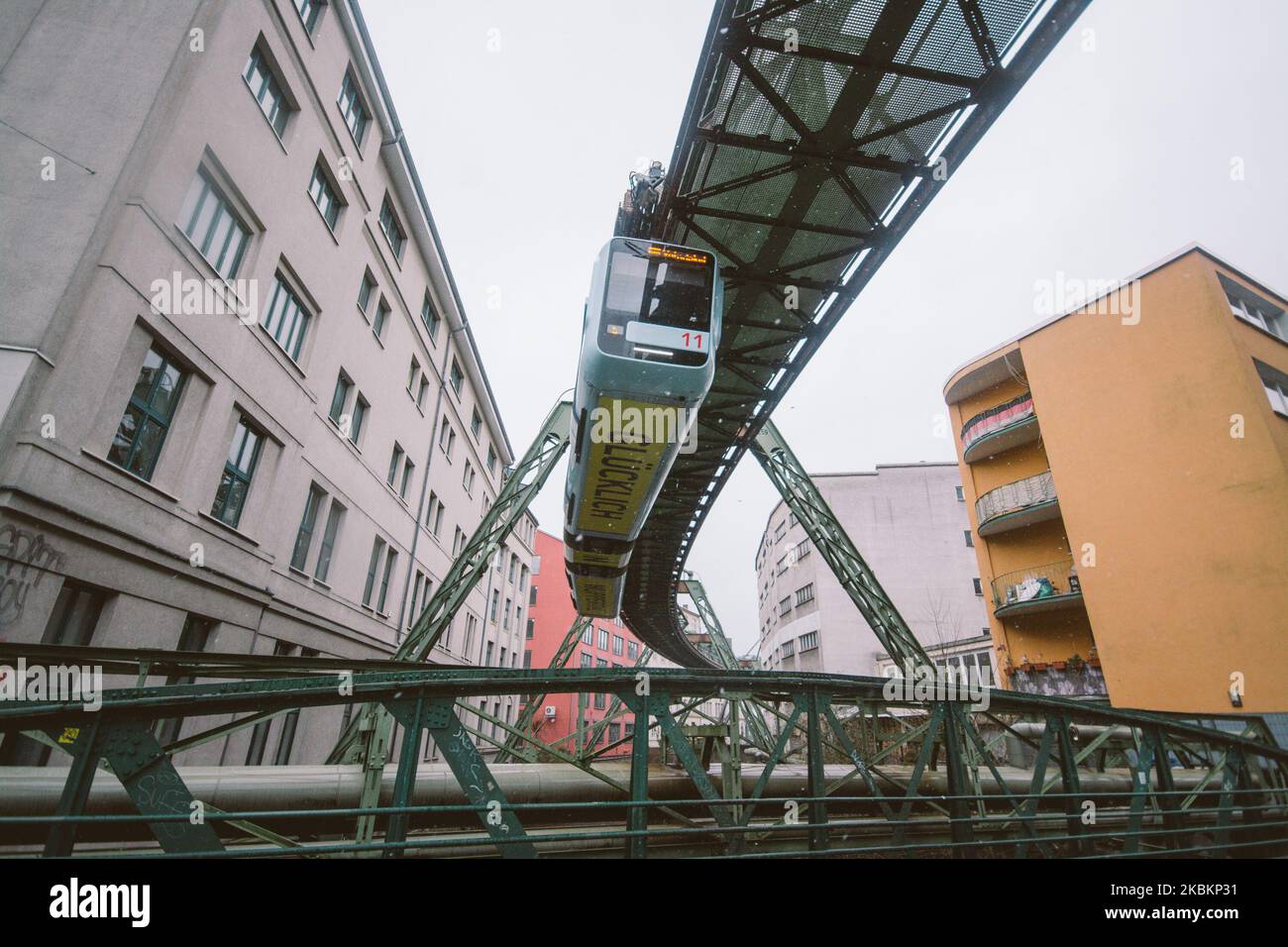 Few people on the Schwebebahn floating tram in Wuppertal-Barmen, Germay ...