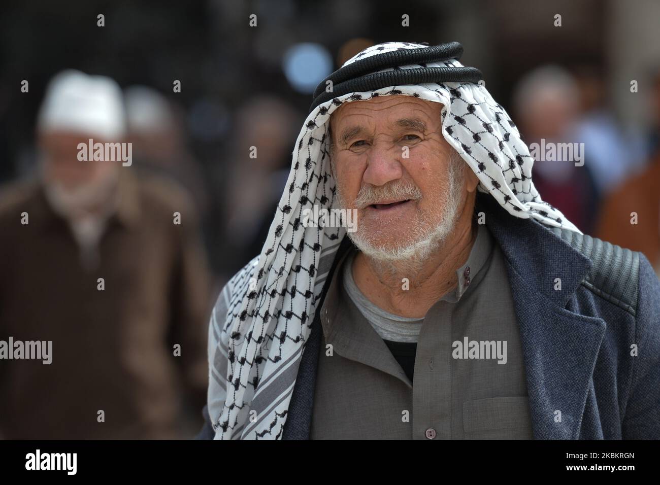 An elderly Palestinian man wearing keffiyeh seen in the Muslim Quarter ...