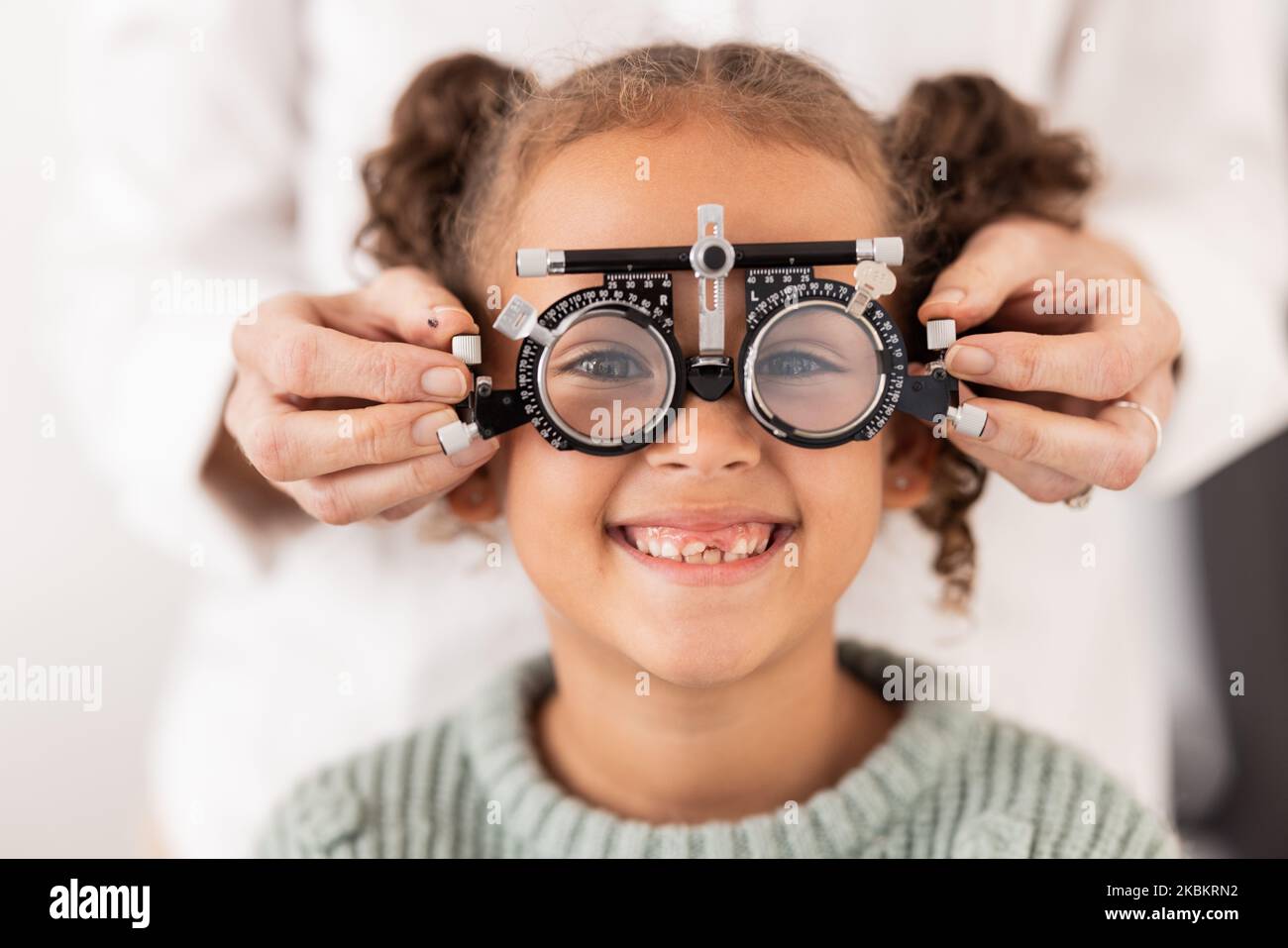 Eye, vision and test with child for glasses in optometry office for eye ...