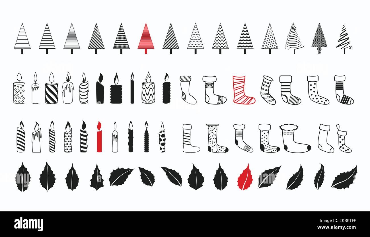 big set of decorative christmas ornaments in doodle art style Stock ...