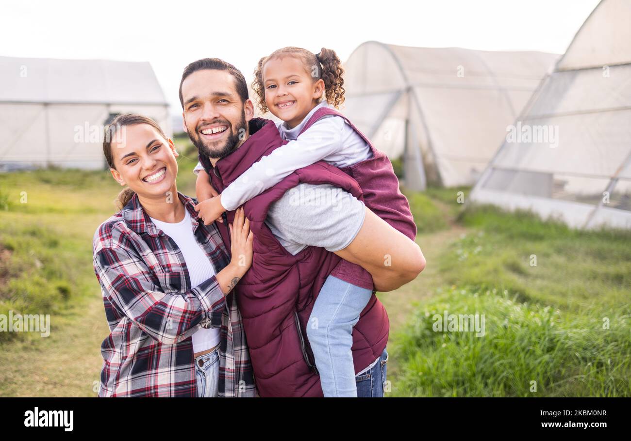 Farm, family and bonding portrait for farming, agriculture and love ...