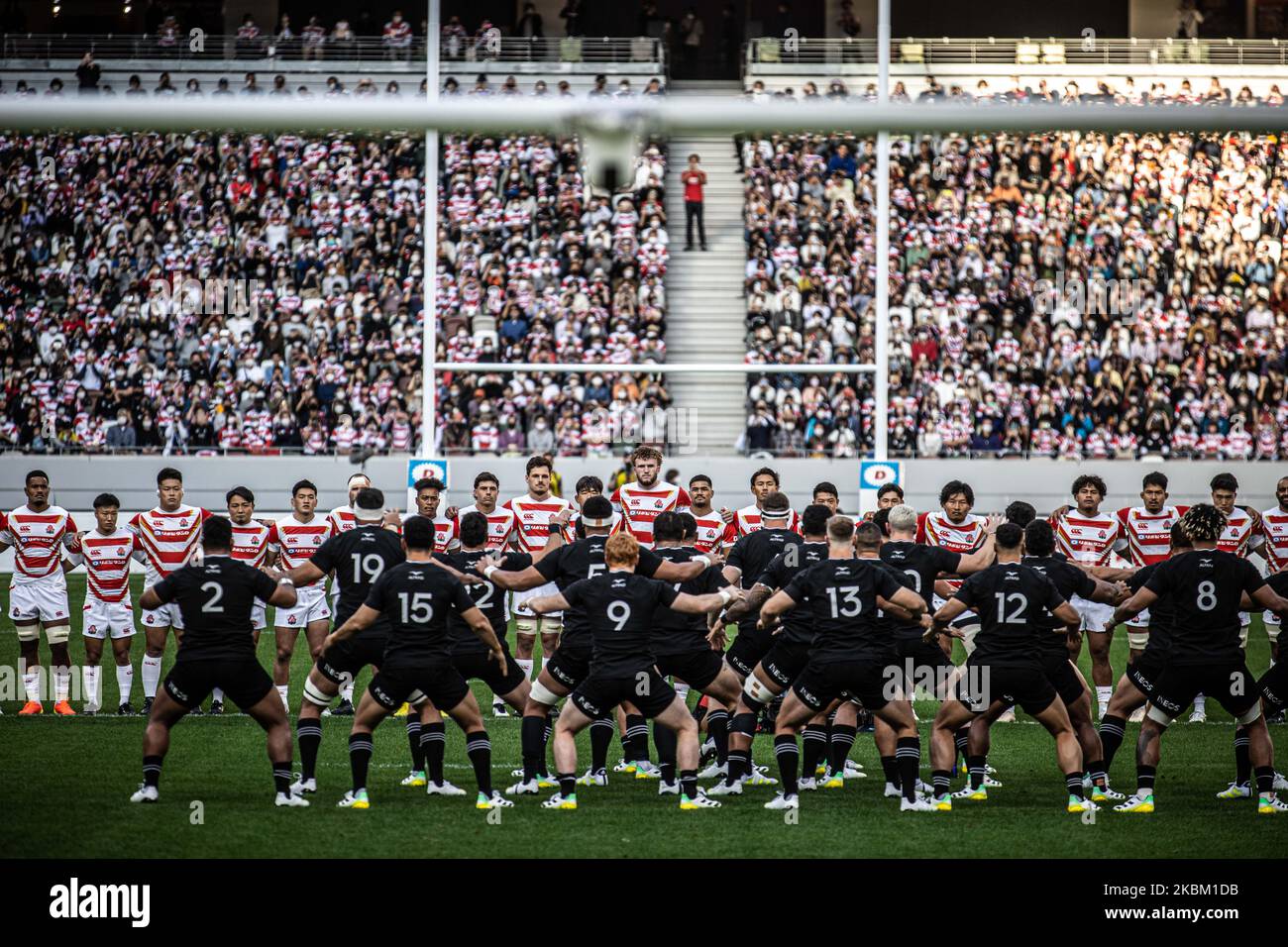 New Zealand players perform the haka during the rugby test match ...