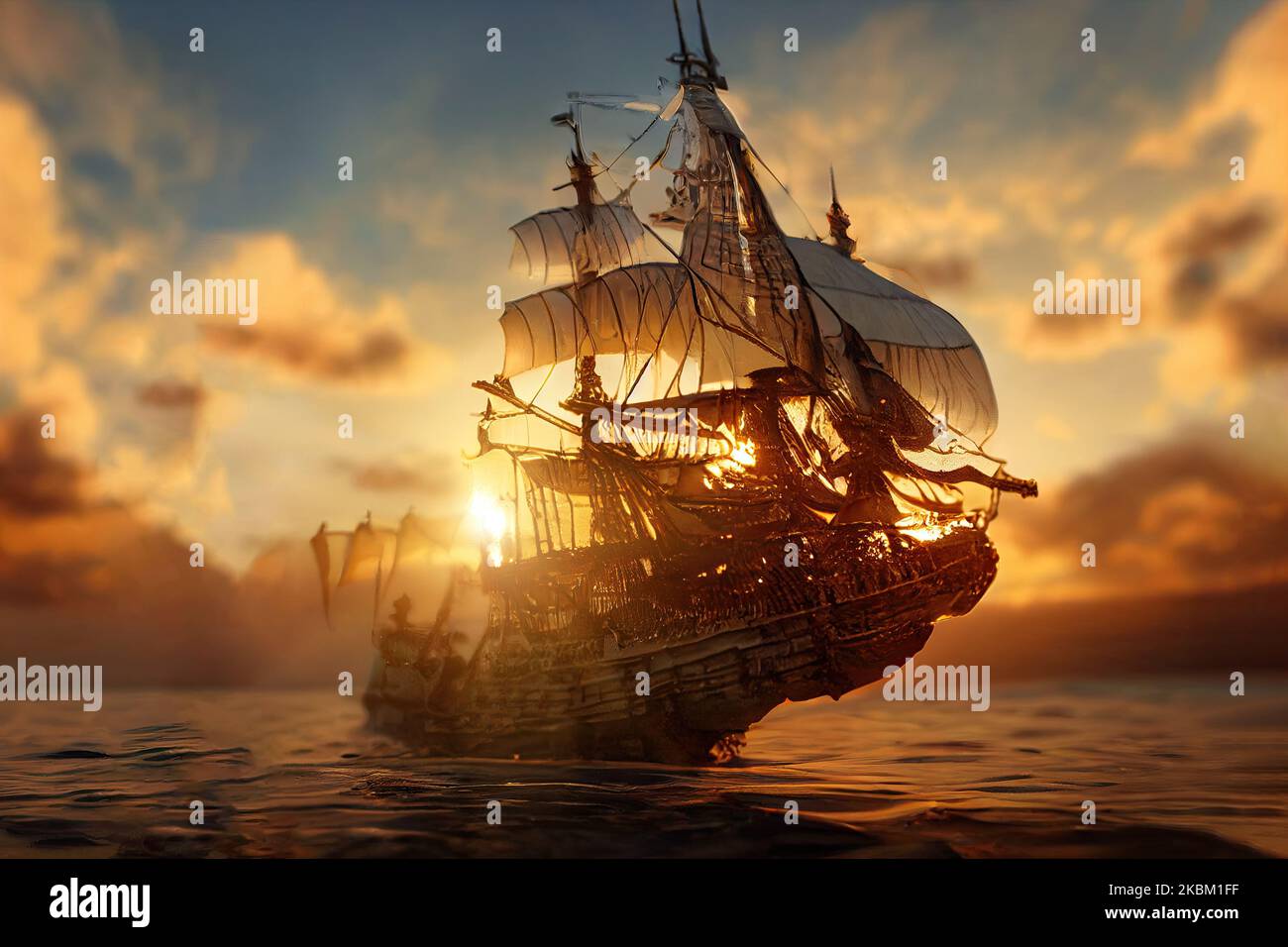 A pirate 16th-century sailing galleon sailing on the open sea at sunset ...