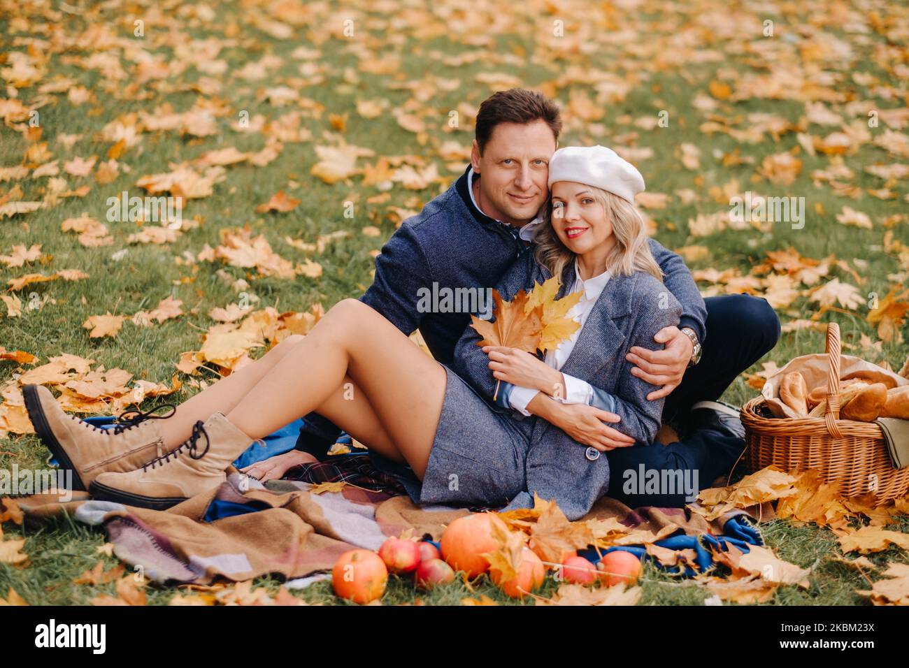 Happy couple enjoying golden autumn spring season in the park Stock ...