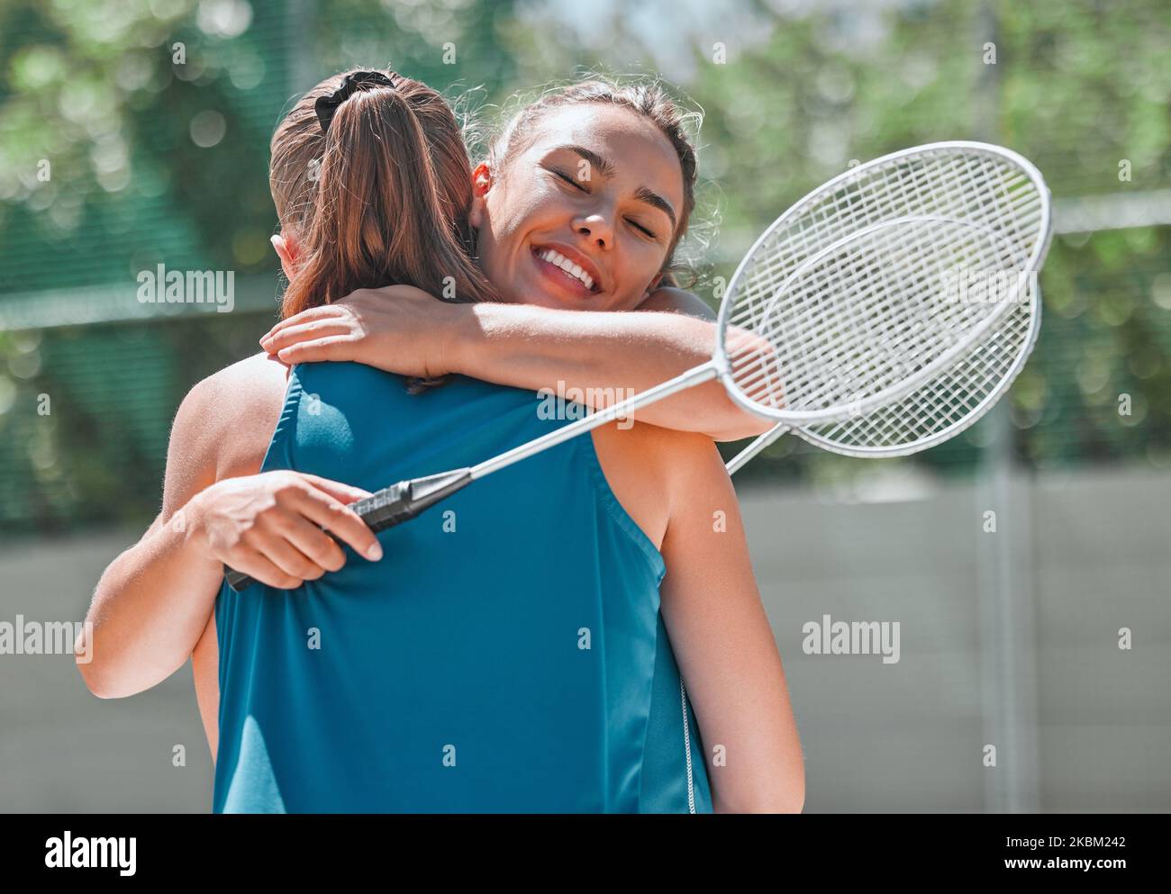 Sport, tennis and women hug for congratulations and success, happy ...