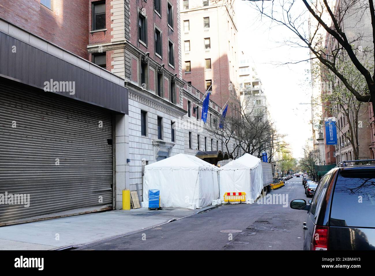 A makeshift morgue appears behind Lenox Hill Hospital during ...