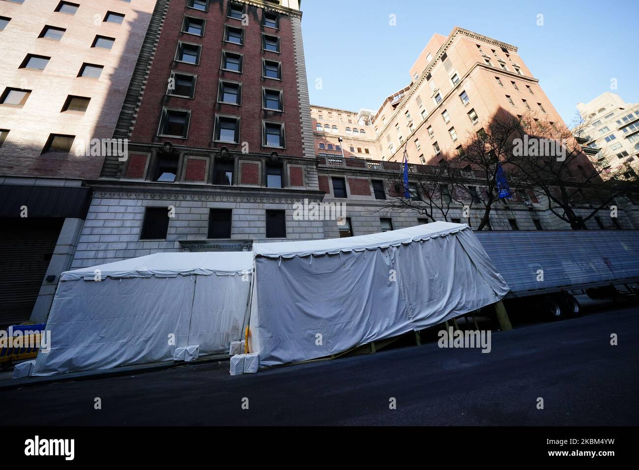 A makeshift morgue appears behind Lenox Hill Hospital during ...