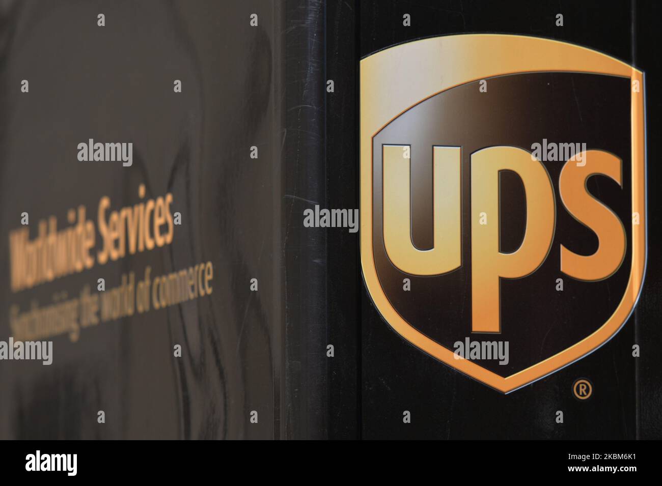 A UPS logo seen on a delivery van in Krakow. On Wednesday, April 8 ...
