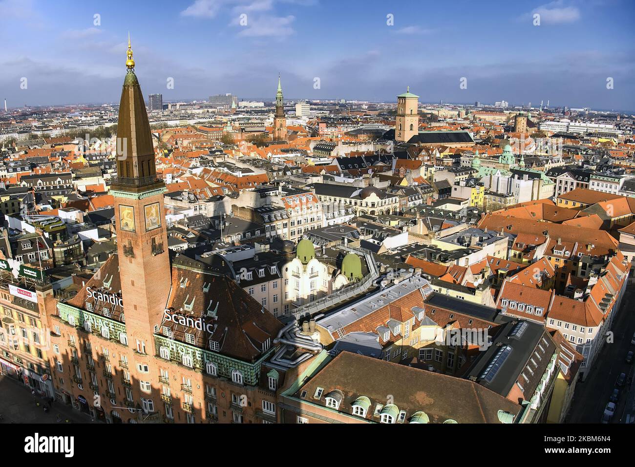 Aerial view of Copenhagen from the top of tower of Copenhagen City Hall ...