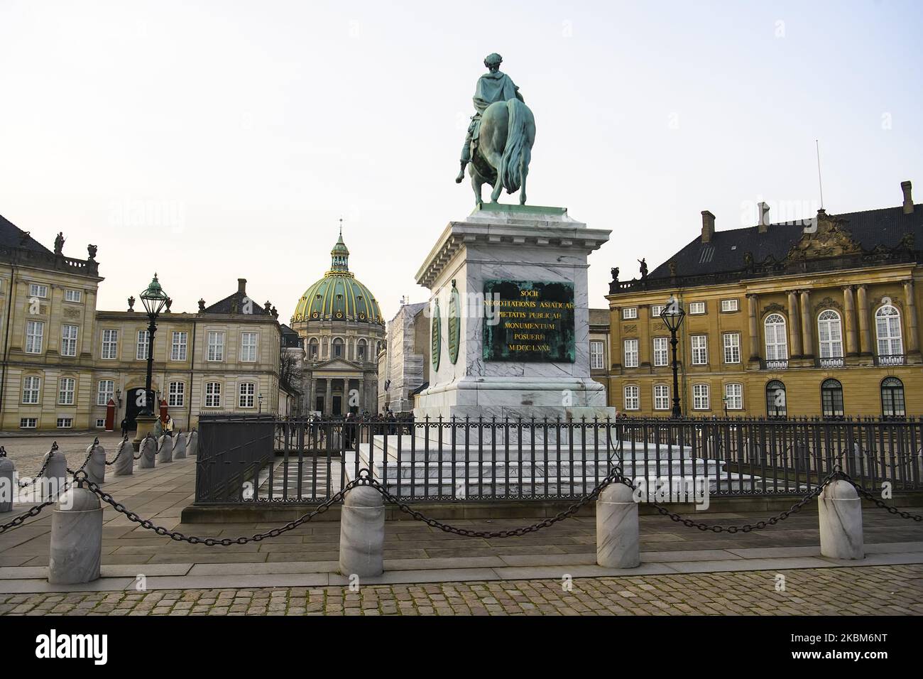 View to equestrian statue of King Frederik V on Amalienborg Slotsplads ...