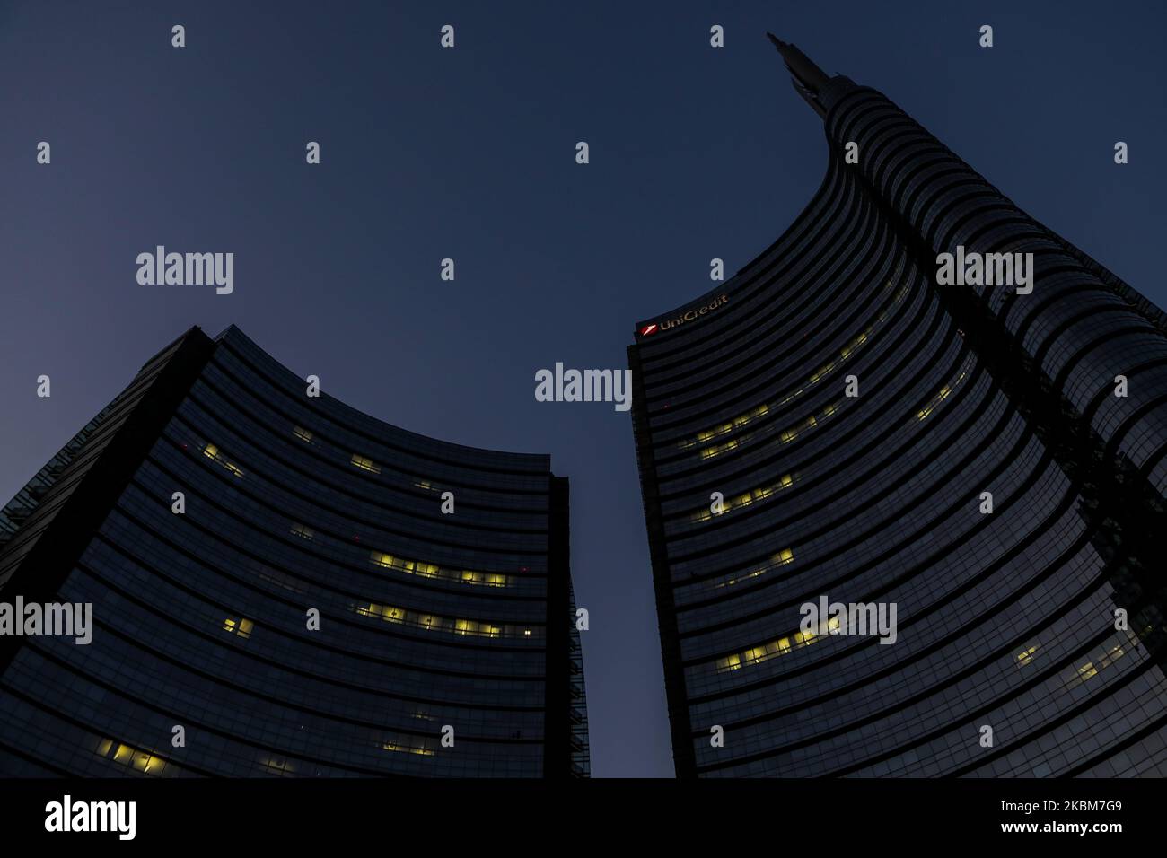 General view of the architecture of Unicredit Tower during the night ...