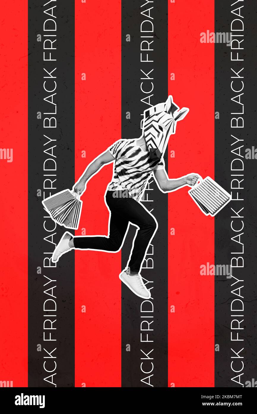 Collage photo of headless guy zebra mask running new purchase hold bags ...