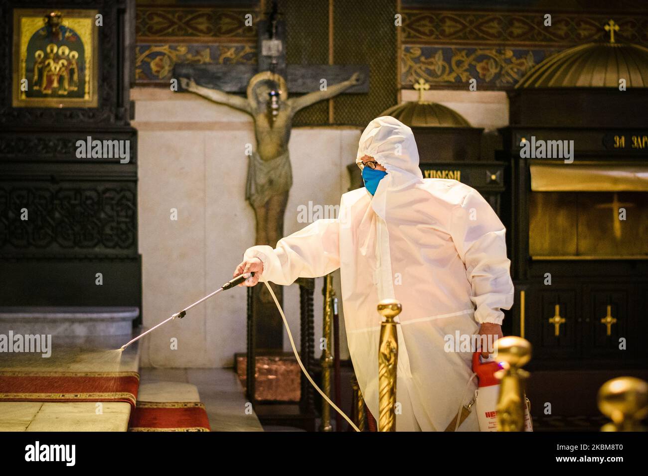 Cleaning specialists carry out desinfection of the interior and ...