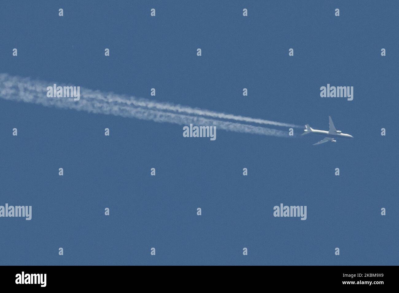 An aircraft as seen flying over Thessaloniki, Greece on April 11, 2020 ...