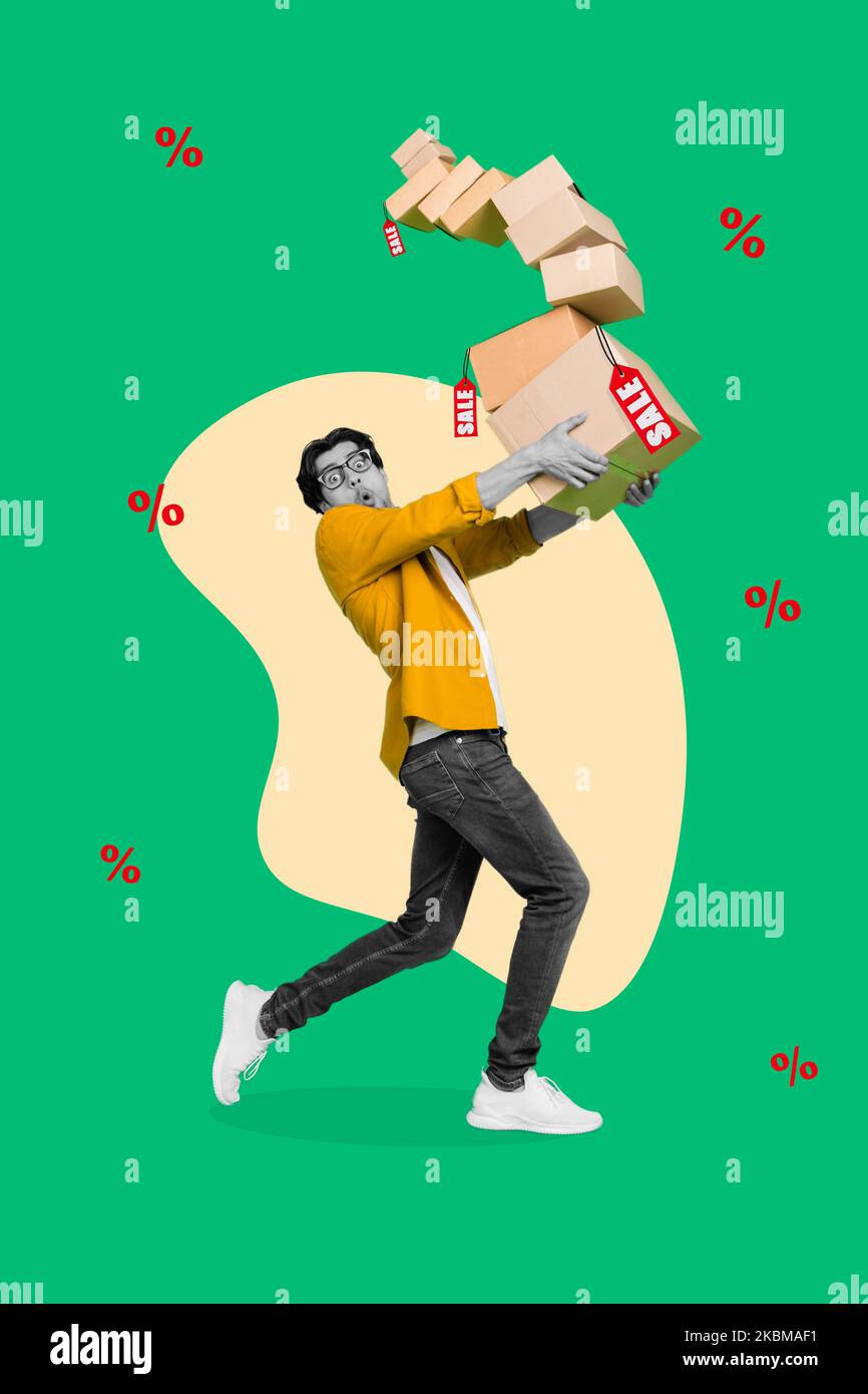 Vertical collage picture of impressed guy black white effect hold pile ...