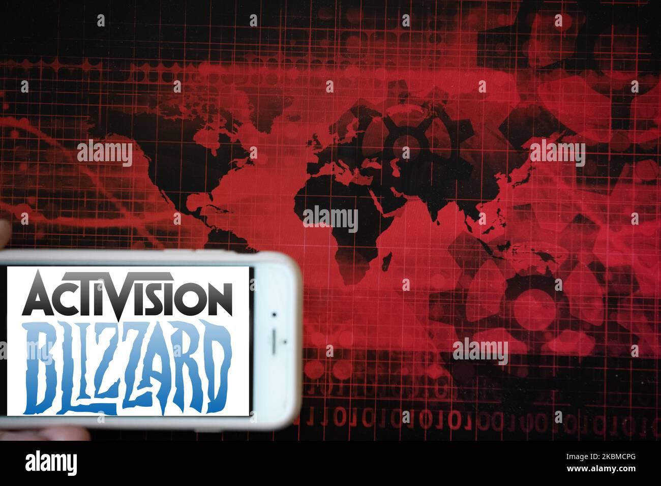 The logo of the gaming company Activision Blizzard is seen on a screen ...