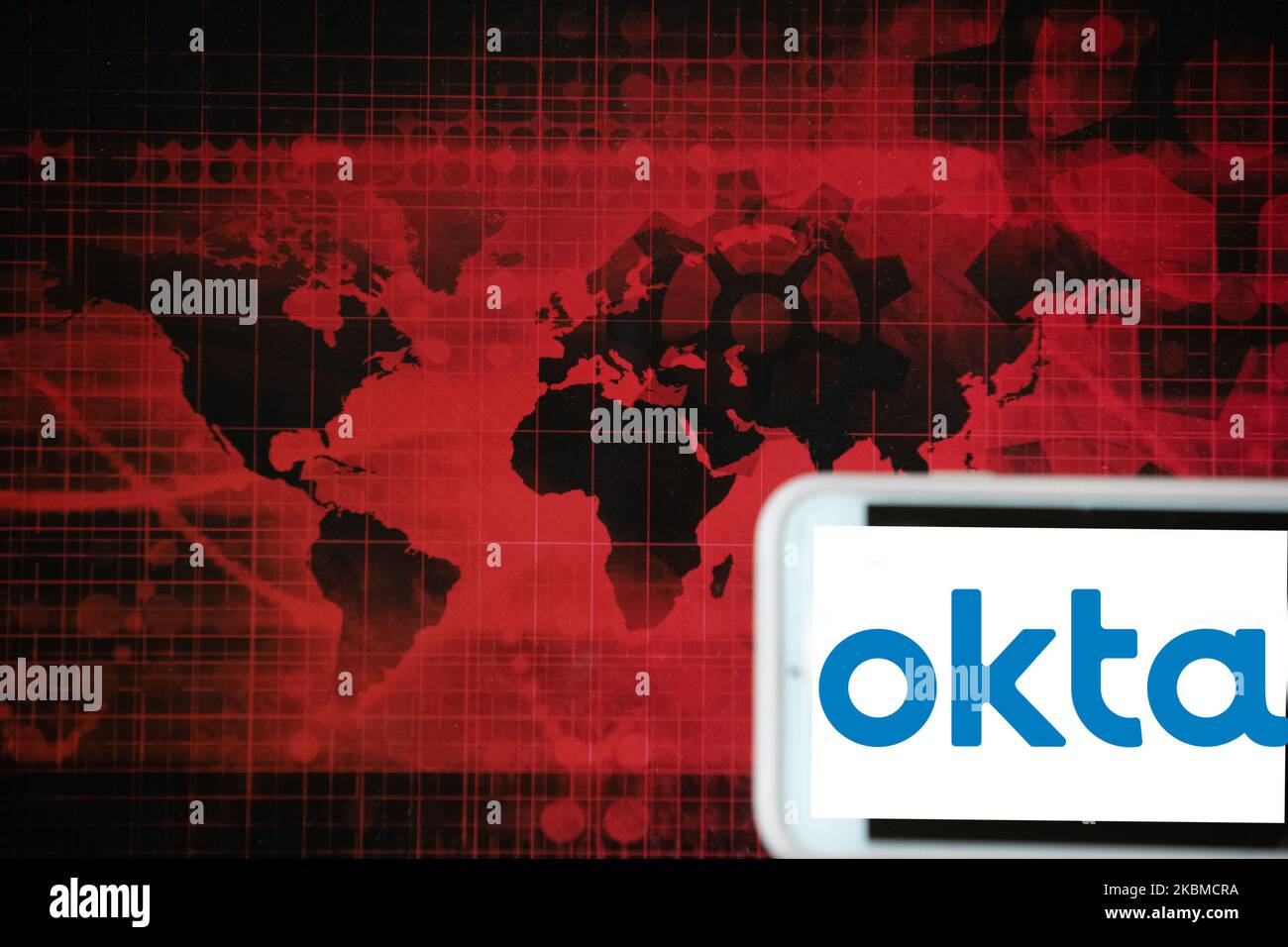 The logo of identity and access management company Okta is seen on a ...