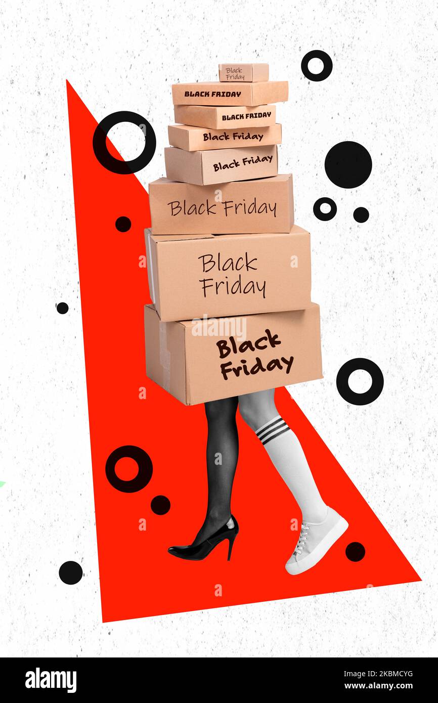 Vertical collage image of pile stack black friday carton boxes girl ...