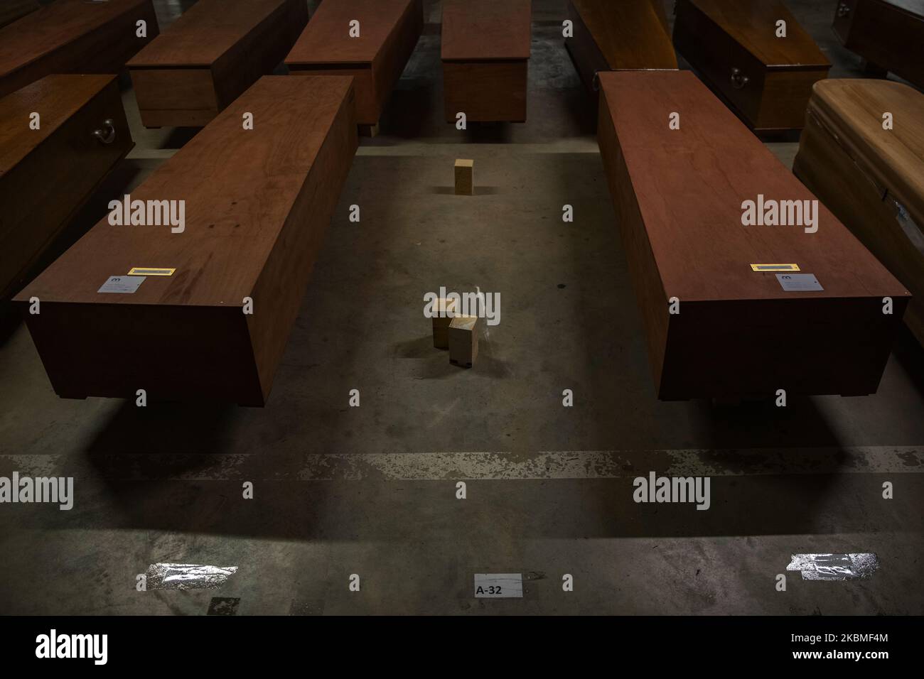 Coffins with the bodies of people who dead of coronavirus (COVID-19 ...