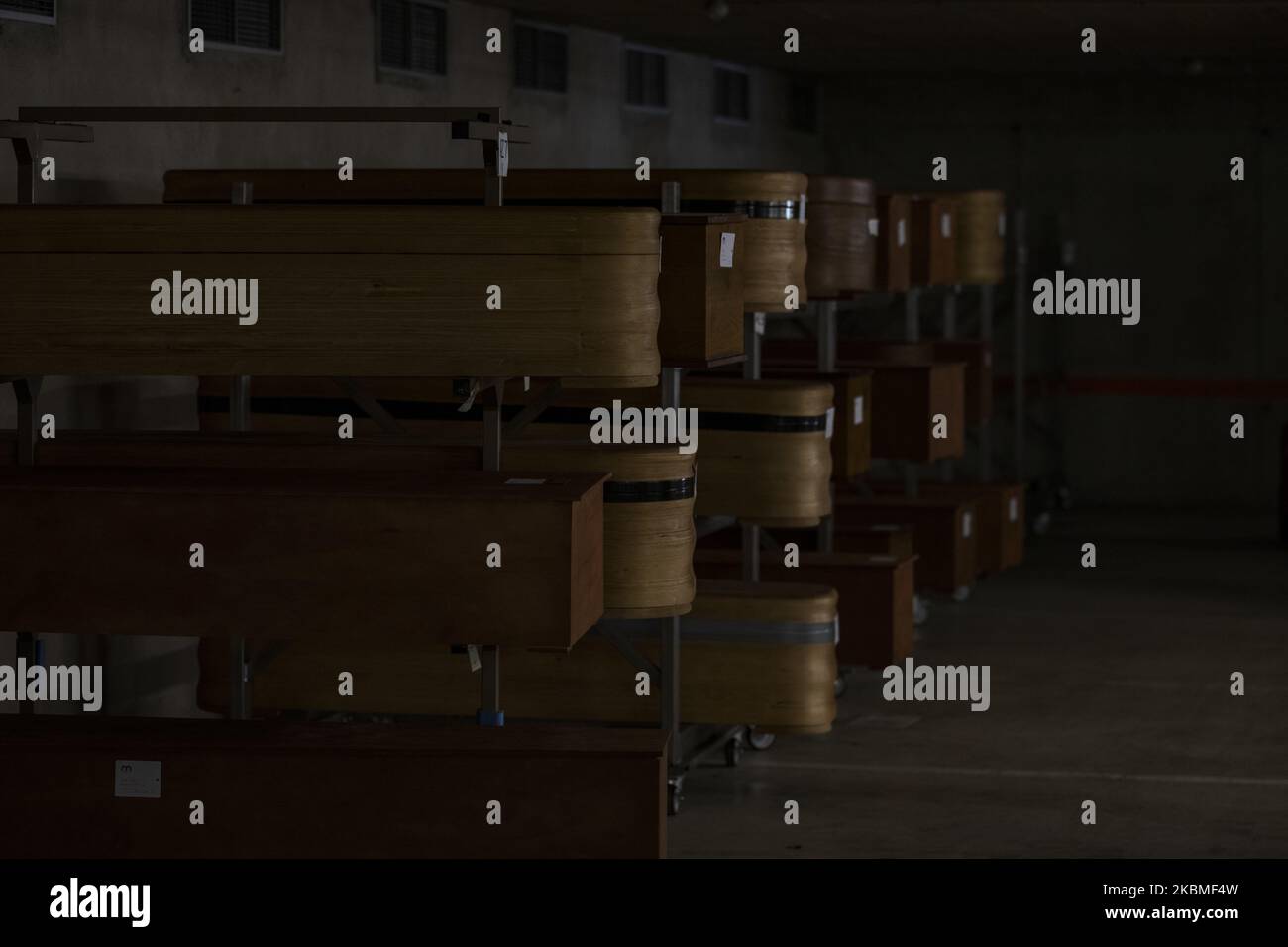 Coffins with the bodies of people who dead of coronavirus (COVID-19 ...