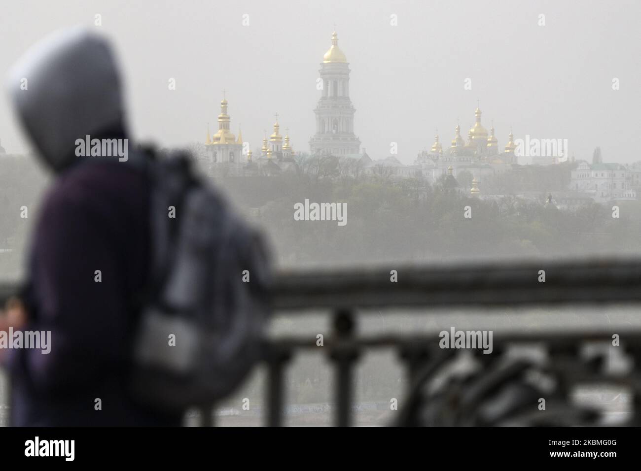 View to Kyiv Pechersk Lavra monastery during sandstorm, Kyiv, Ukraine ...