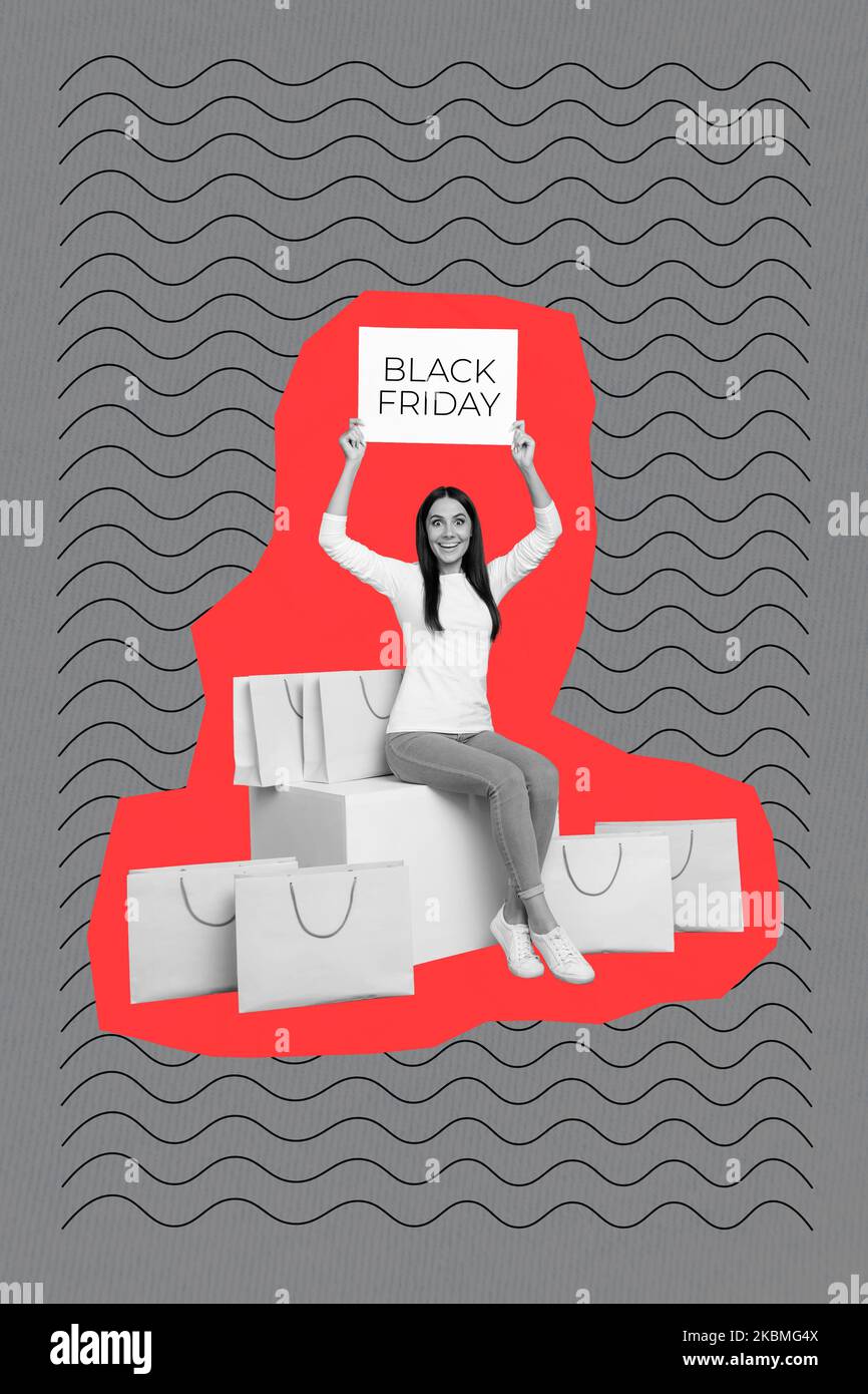 Vertical collage image of excited girl black white effect hold paper ...