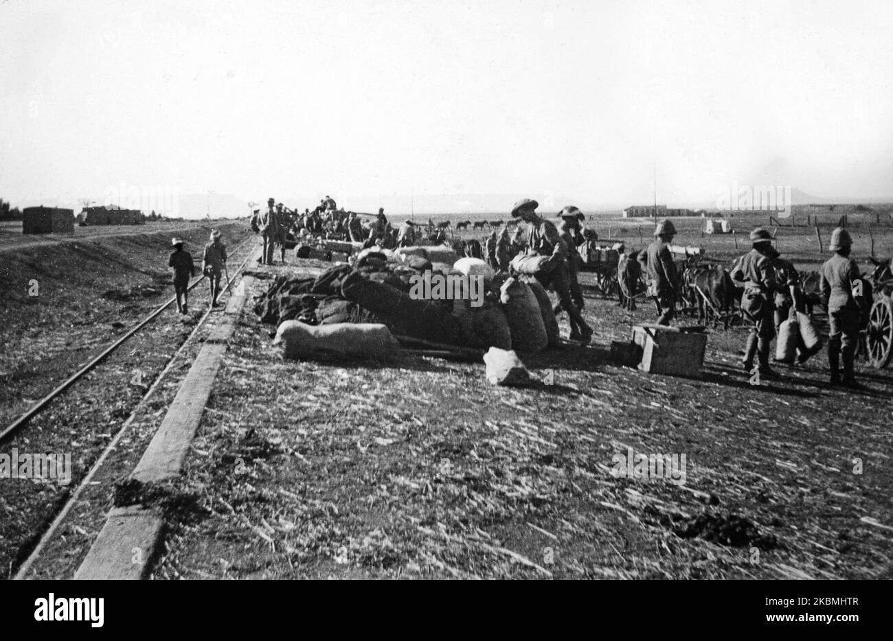 British Army soldiers unloading camp from. a railway in South Africa ...