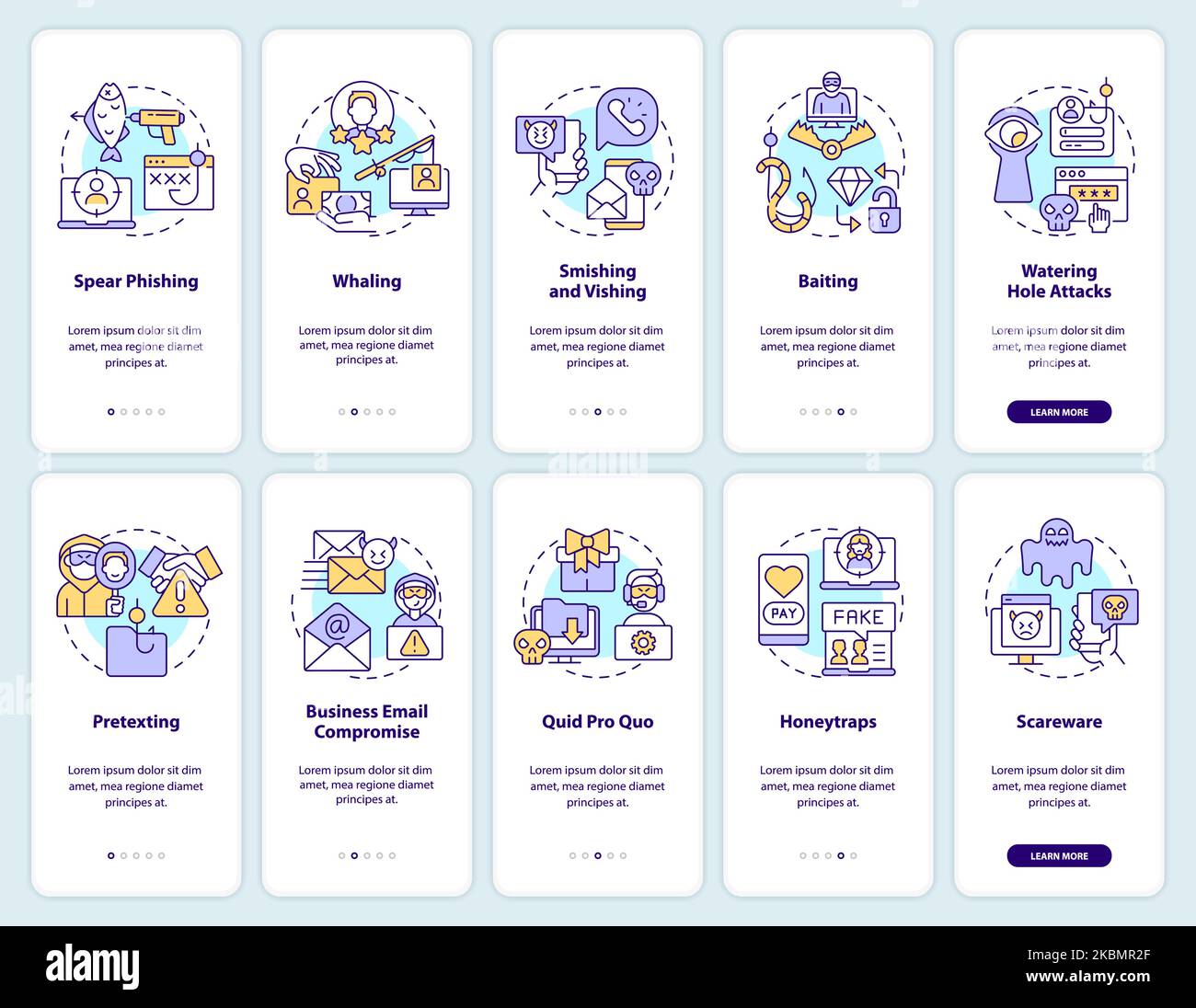 Types Of Cybercrime Attacks Onboarding Mobile App Screen Set Stock Vector Image And Art Alamy