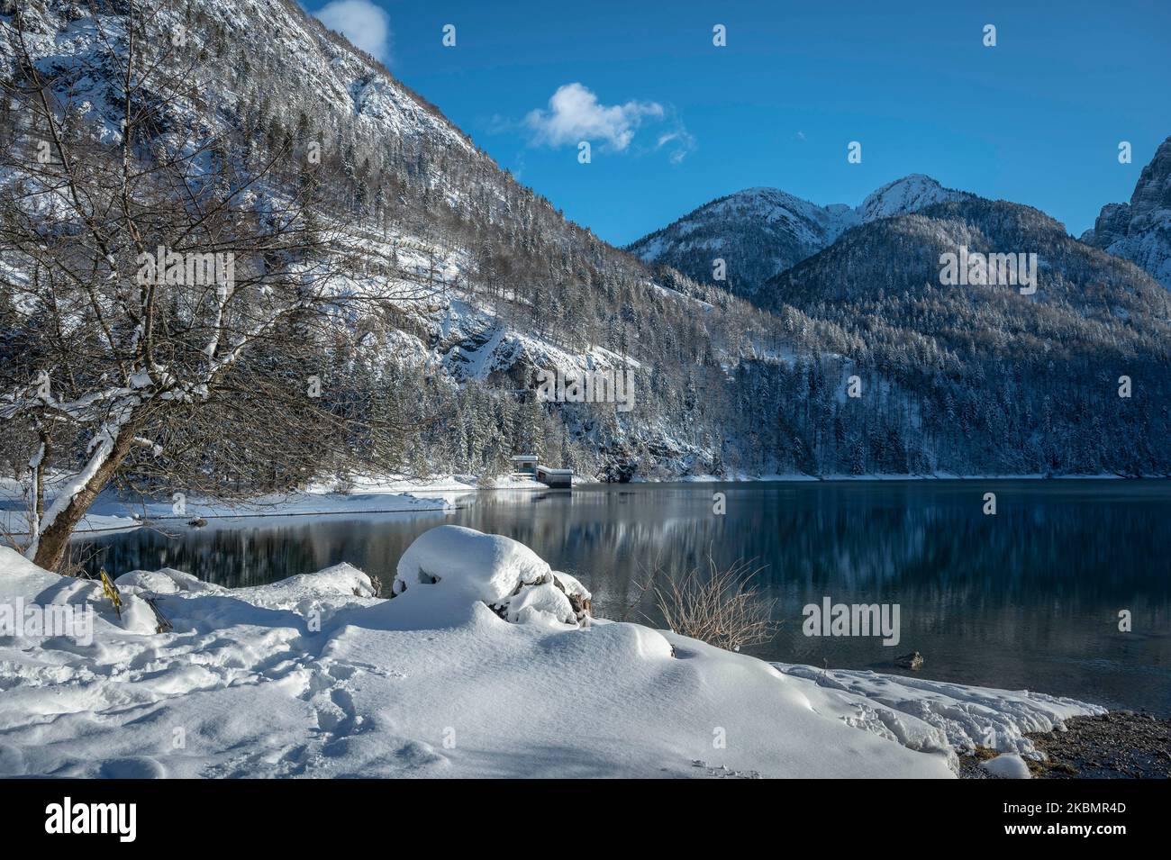 Snow magic on the Predil lake and in the forest of Tarvisio Stock Photo ...