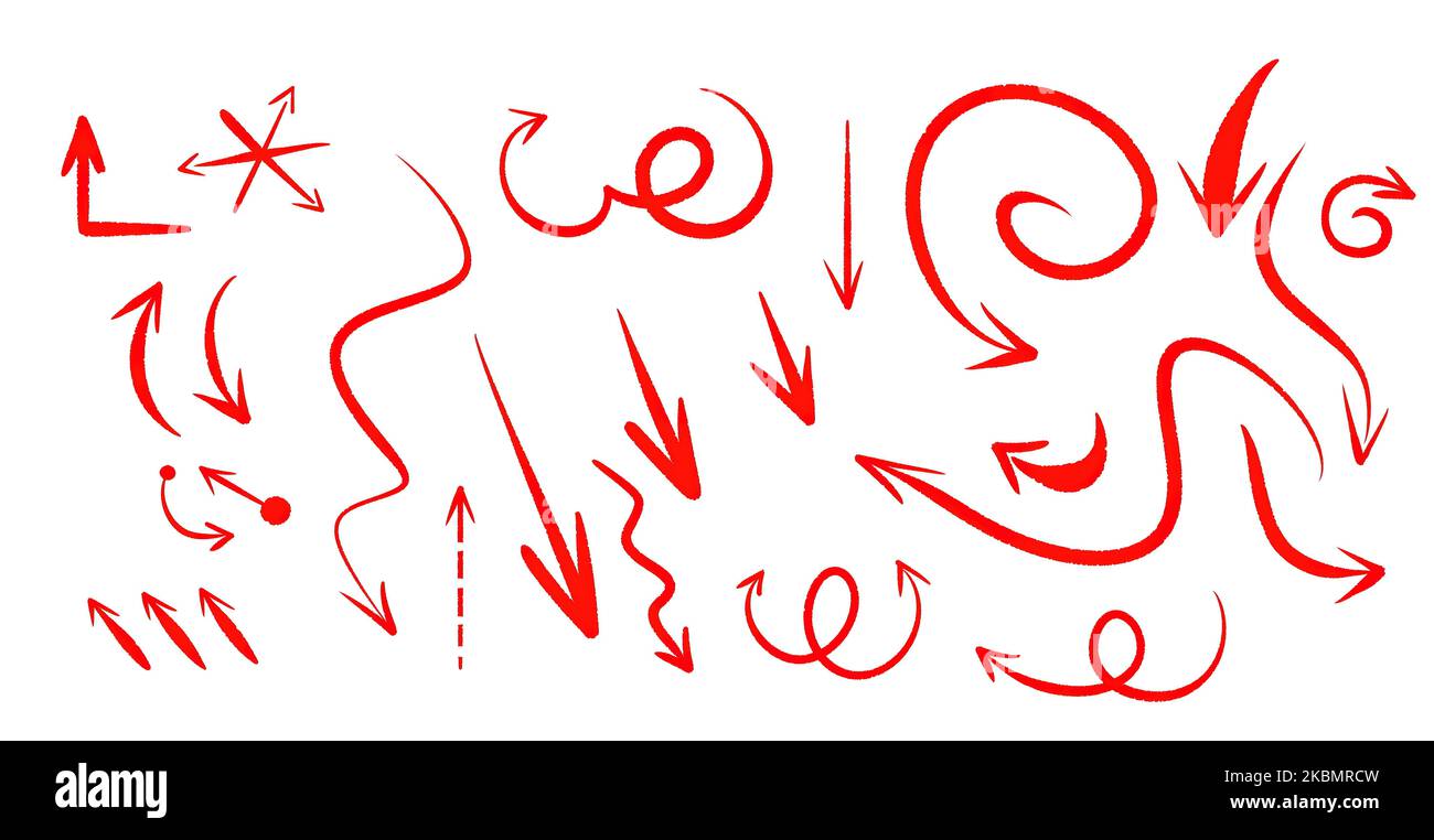 Mega set of different red hand-drawn arrows, ink, brush style, on white ...