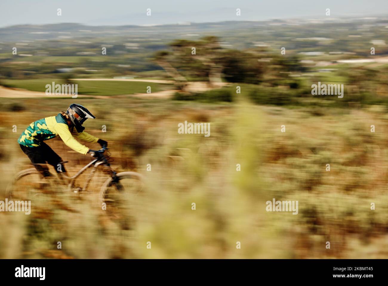 Mountain bike speed, race motion blur and extreme sports outdoor on ...