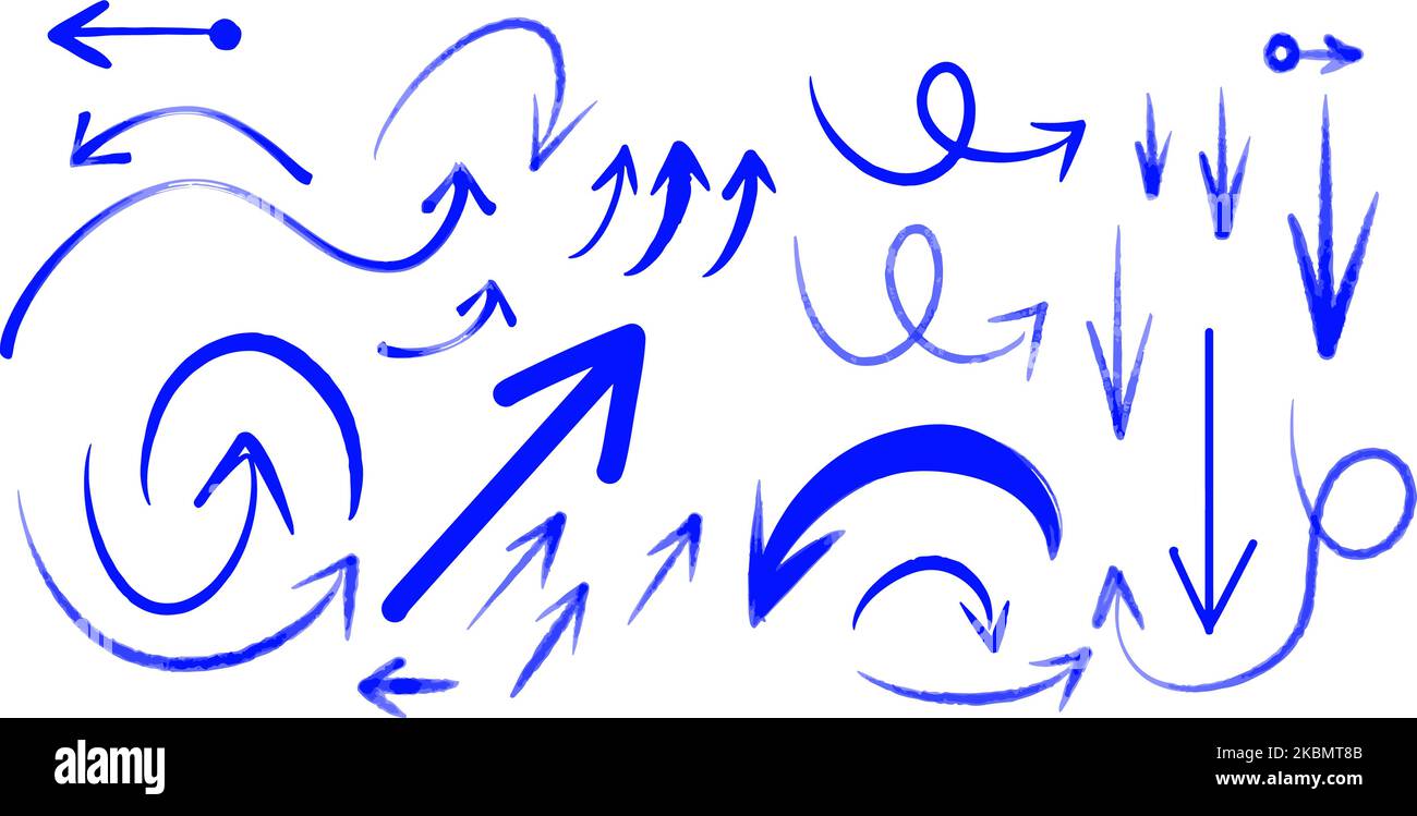 Mega set of different blue hand-drawn arrows, ink, paint, pencil, sumi ...