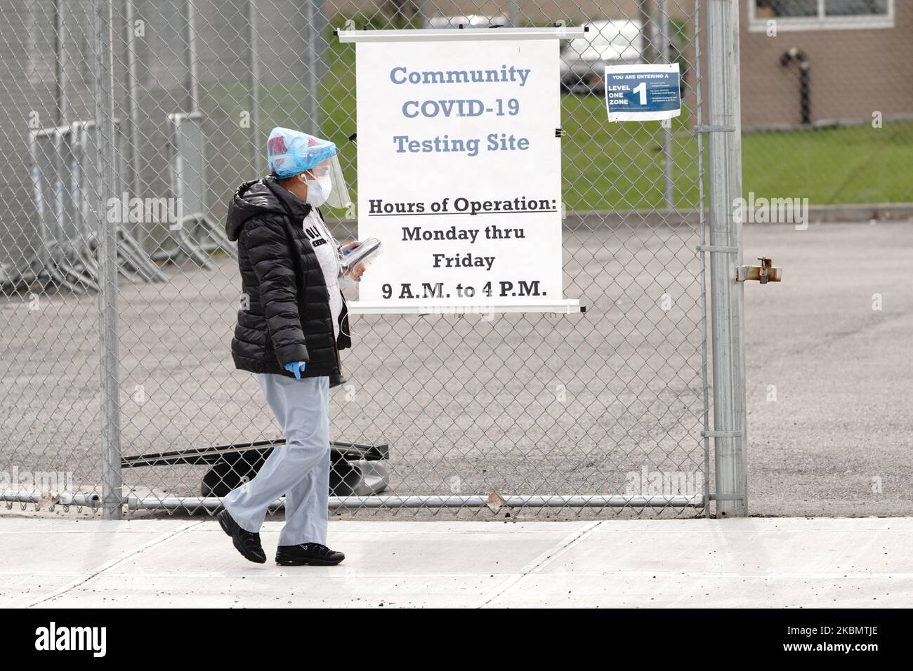 A view of a COVID-19 testing area set up in the parking lot of NYC ...