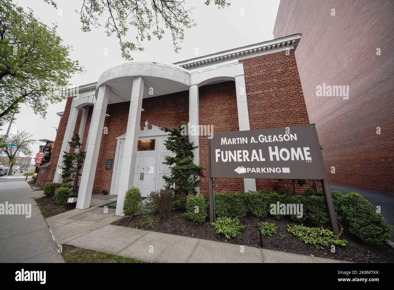A view of a funeral home in Flushing, Queens, New York, USA during ...