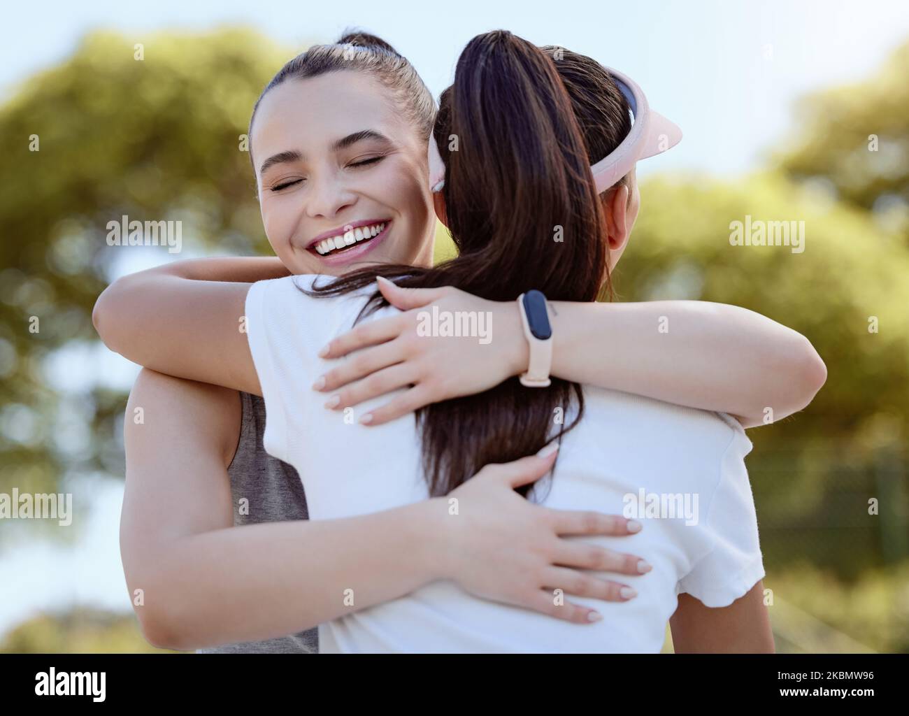 Fitness, hug and friends in park or outdoor with support, care and love ...