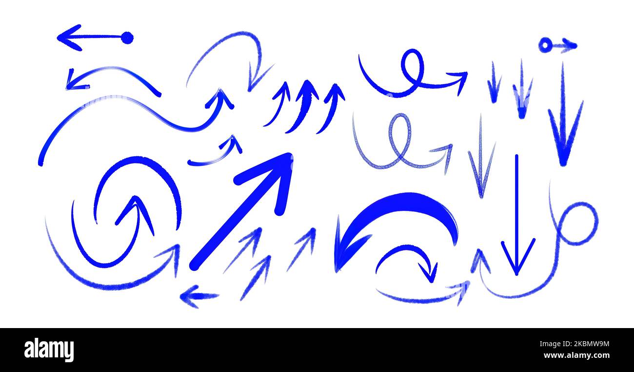 Mega set of different blue hand-drawn arrows, ink, paint, pencil, sumi ...