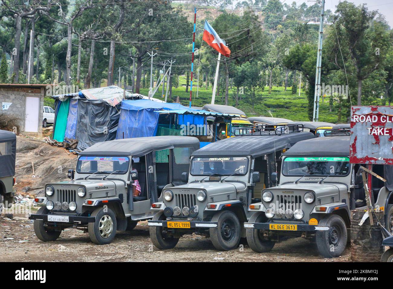 Jeeps parked at a tourist taxi jeep stand in the small village of ...